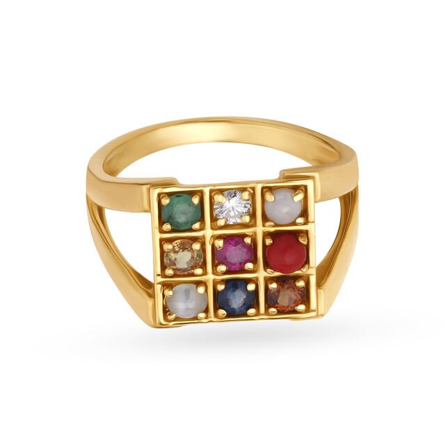 Vibrant 22 Karat Yellow Gold And Multi Stone Square Finger Ring With ...