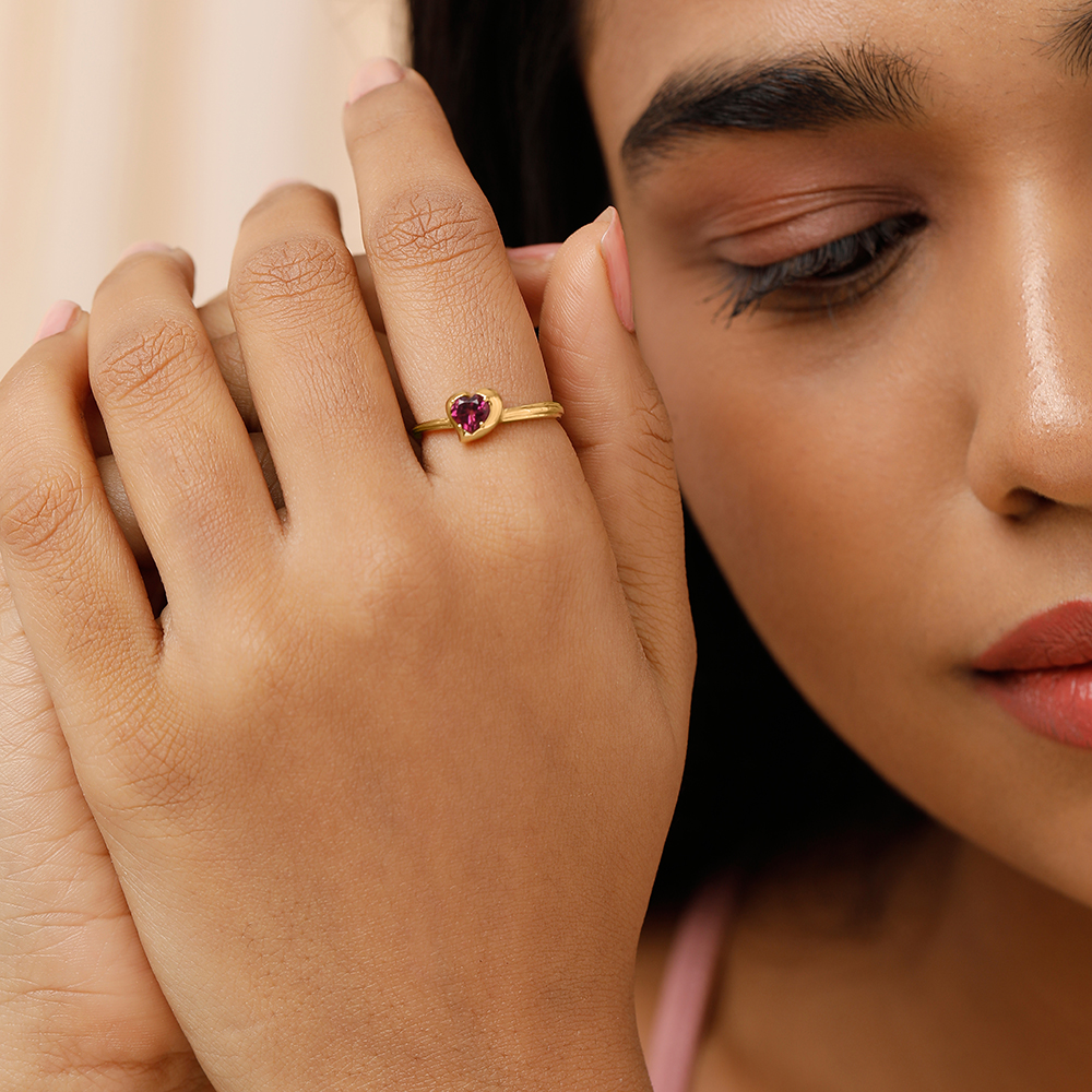 Buy Valentine's Veil 14KT Gold & Pink Garnet Finger Ring Online | Mia ...